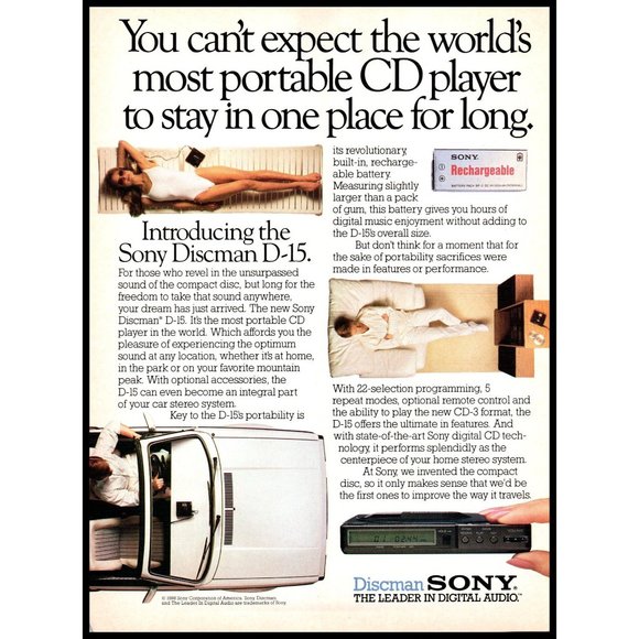 Sony | Art | 988 Sony Discman D15 Portable Cd Player Vintage Print Ad ...